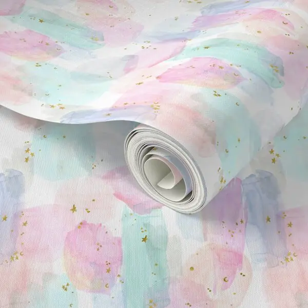 Spoonflower Stars Watercolor Abstract Small Baby Gold Custom Removable Wallpaper - Rainbow
