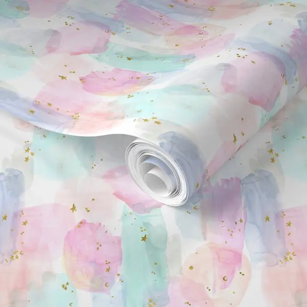 Spoonflower Stars Watercolor Abstract Small Baby Gold Custom Removable Wallpaper - Rainbow