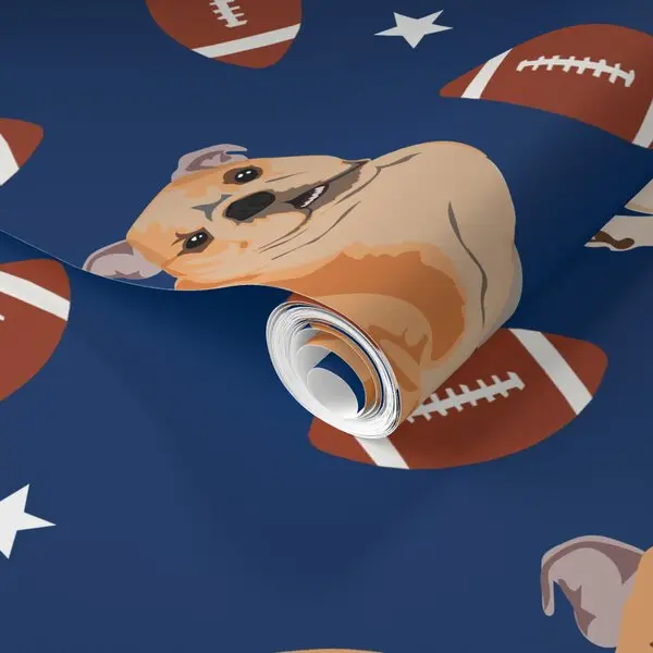 Spoonflower Dog Dogs Sports Football Bulldog Bulldogs Custom Pre-pasted Wallpaper - Brown,gray,blue