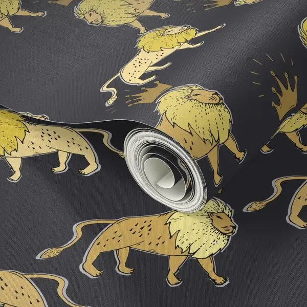 Spoonflower Lion Black Gold Animal King Cat Custom Pre-pasted Wallpaper - Black,gold,yellow