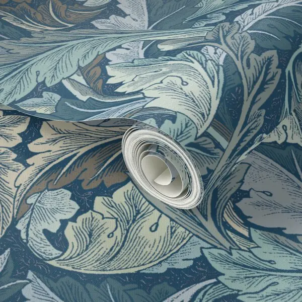 Spoonflower Victorian Blue Florals Custom Pre-pasted Wallpaper - Blue,green