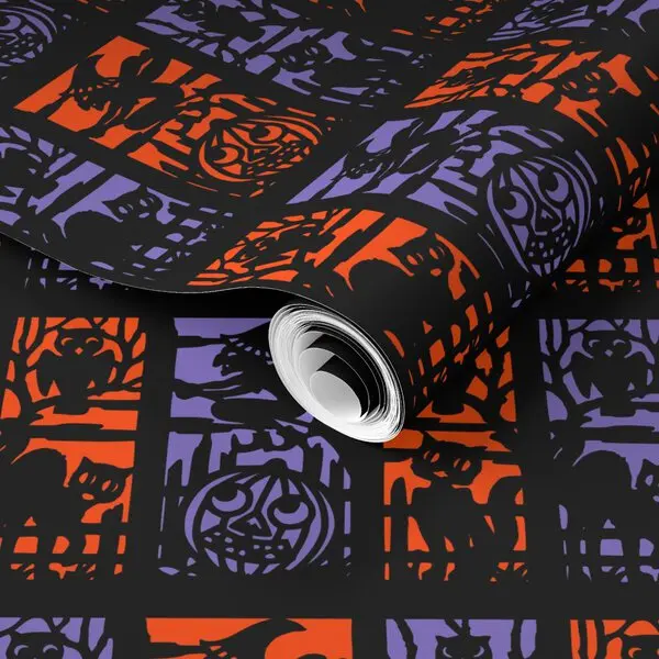 Spoonflower Vintage Silhouette Halloween Cats Witches Cemetery Custom Pre-pasted Wallpaper - Black,purple