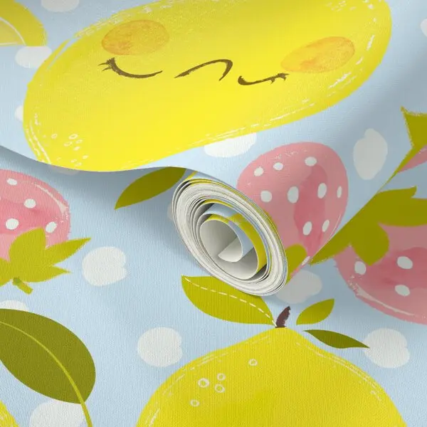 Spoonflower Blue Yellow Cute Flowers Leaves Fruit Citrus Custom Pre-pasted Wallpaper - Yellow,blue,beige
