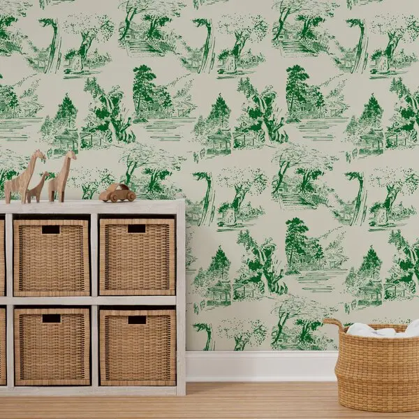 Spoonflower Asian Toile Custom Removable Wallpaper - Green