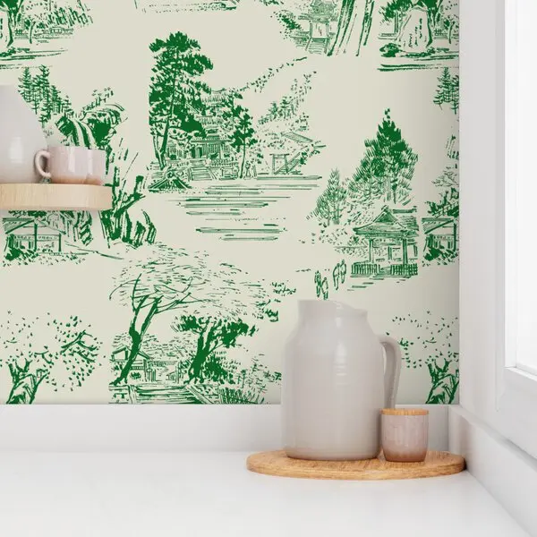 Spoonflower Asian Toile Custom Removable Wallpaper - Green