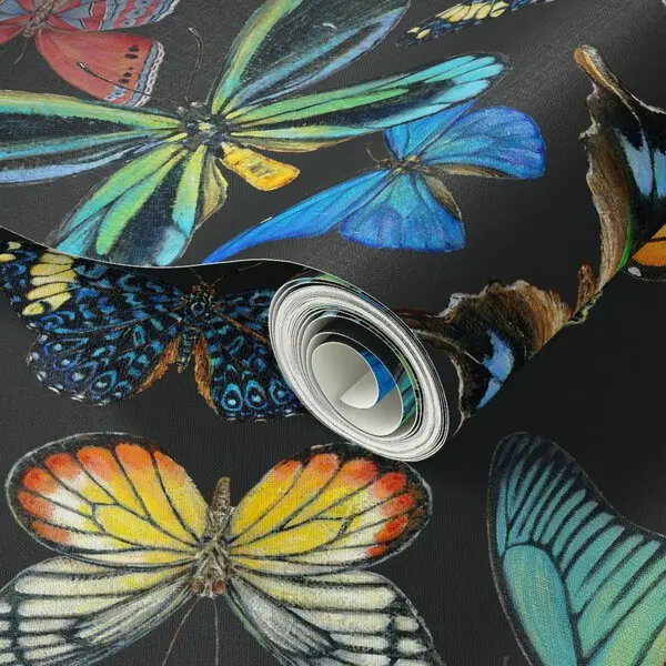 Spoonflower Butterfly Butterflies Large Painting Custom Removable Wallpaper - Black,blue,gray