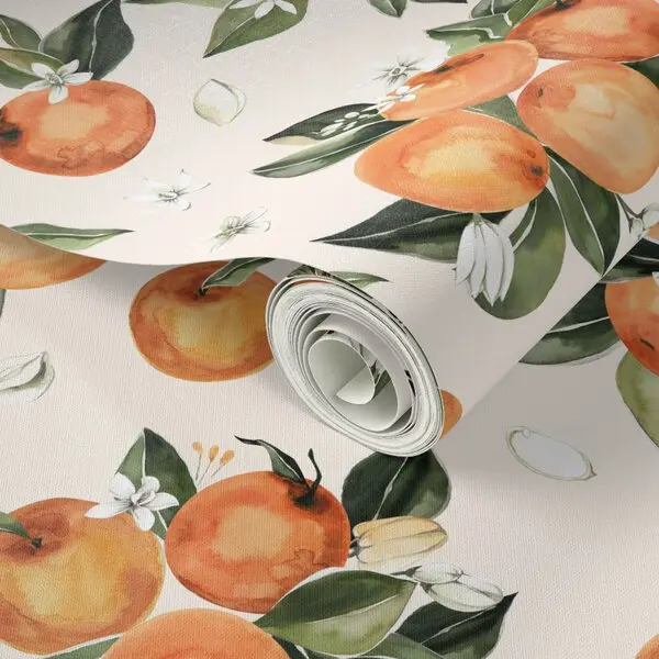 Spoonflower Cream Leaves Floral Orange Blossoms Fruit Citrus Traditional Wallpaper - Gray,green,brown