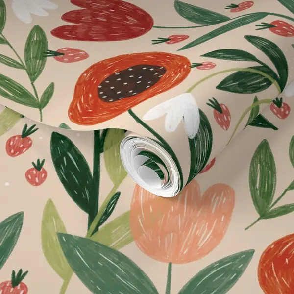 Spoonflower Poppy Spring Pink Green Flowers Red Floral Custom Pre-pasted Wallpaper - Beige,red,green