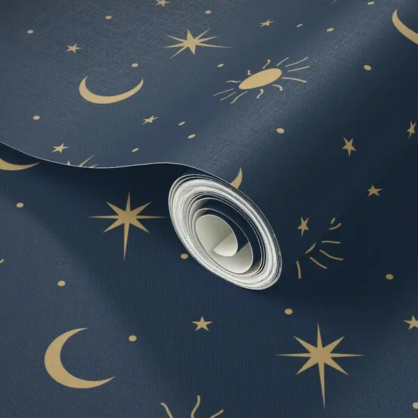 Spoonflower Sun Moon Phase Night Sky Custom Pre-pasted Wallpaper - Blue,brown,gray