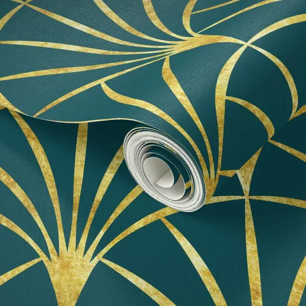Spoonflower Vintage Green Gold Art Deco Emerald Traditional Wallpaper - Green,gold,blue