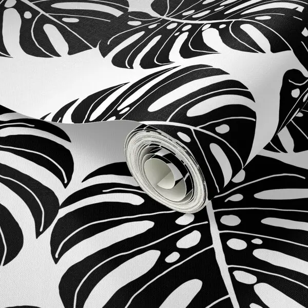 Spoonflower Monstera Black And White Palm Palms Tropical A299 Custom Pre-pasted Wallpaper - Black,white,gray