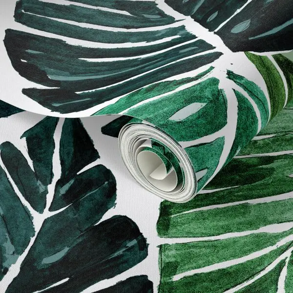 Spoonflower Monstera Leaves Tropical Jungle Greenery Botanical Custom Pre-pasted Wallpaper - Green,white,mint