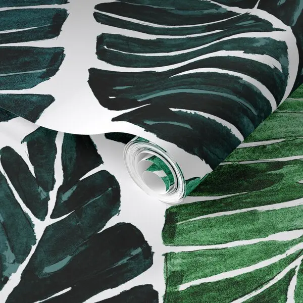 Spoonflower Monstera Leaves Tropical Jungle Greenery Botanical Custom Removable Wallpaper - Green,white,mint