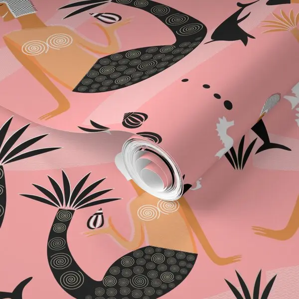 Spoonflower Mermaids Pink Mermaid Ocean Traditional Wallpaper - Pink,black,gray