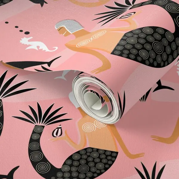 Spoonflower Mermaids Pink Mermaid Ocean Traditional Wallpaper - Pink,black,gray