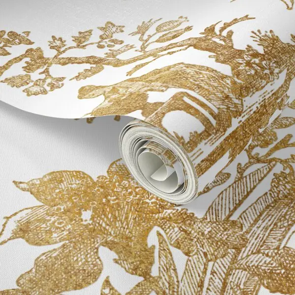 Spoonflower Vintage Style Chinoiserie Toile White Faux Gold 100% Natural Sisal Grasscloth Wallcovering - Gold,white,brown