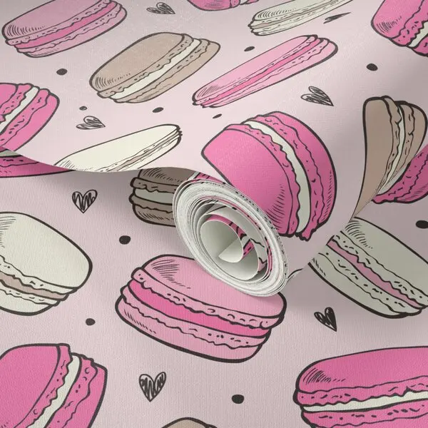 Spoonflower Macarons Macaron Sweets Bakery Candy Cookies Food Custom Pre-pasted Wallpaper - Pink,purple,gray
