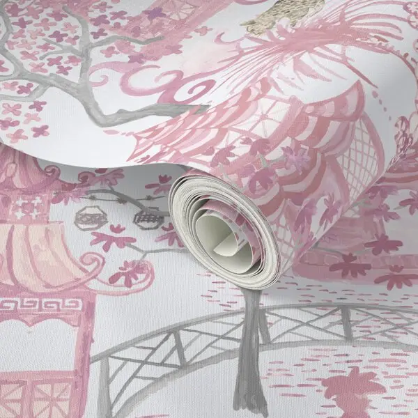 Spoonflower Floral Grey Lanterns Cheetah Bamboo Toile Traditional Wallpaper - Pink,red,gray