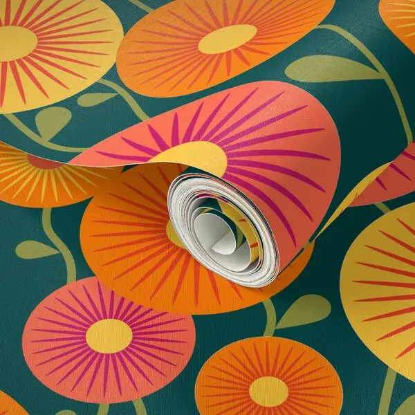 Spoonflower Summer Retro Sun Flower Boho Flowers Orange Custom Pre-pasted Wallpaper - Orange,green,yellow
