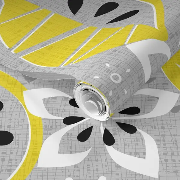 Spoonflower Mid Mod Lemons & Flowers Floral Retro Fruit Custom Removable Wallpaper - Gray,yellow,black