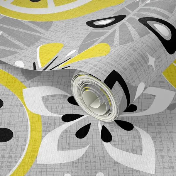 Spoonflower Mid Mod Lemons & Flowers Floral Retro Fruit Custom Pre-pasted Wallpaper - Gray,yellow,black