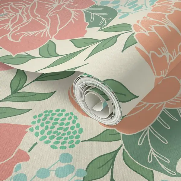Spoonflower Victorian Florals Hummingbird Floral Flowers Rose Custom Removable Wallpaper - Beige,green,pink