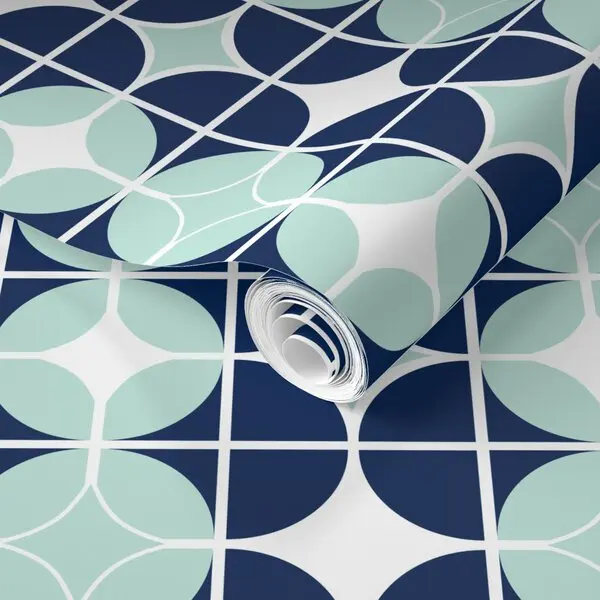 Spoonflower Retro Modern Geometric Abstract Mint Navy Custom Pre-pasted Wallpaper - Teal,blue