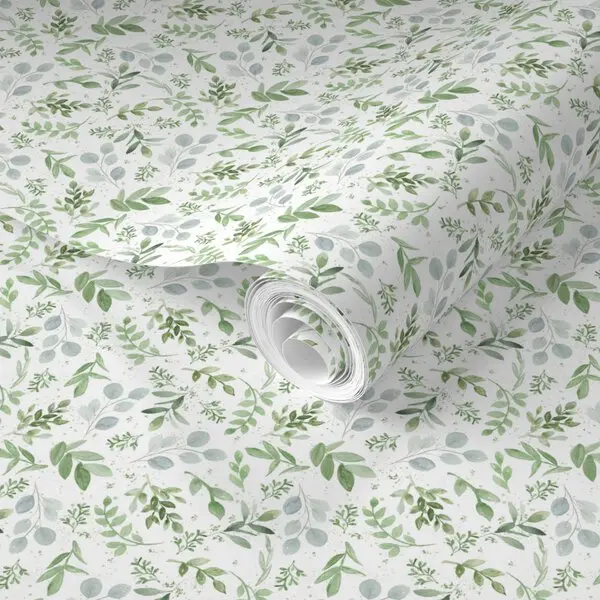 Spoonflower Soft Eucalyptus Micro Small Green Scale Watercolor Custom Pre-pasted Wallpaper - Green,white,mint