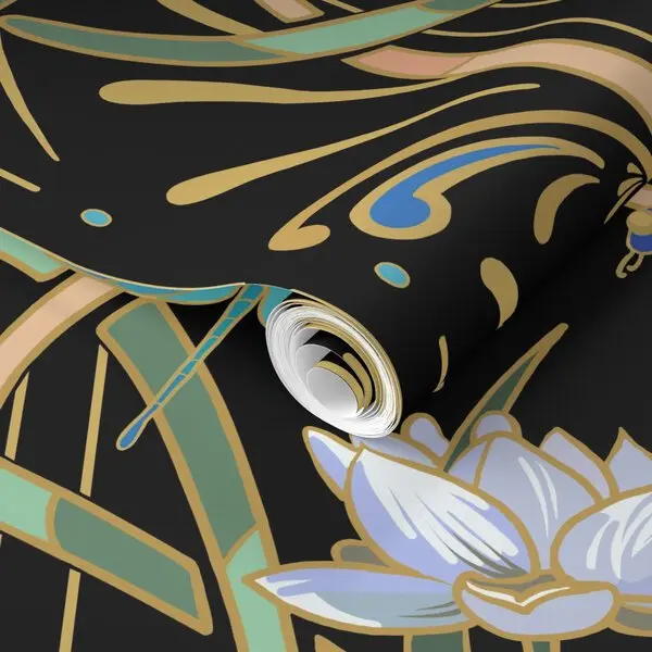 Spoonflower Art Nouveau Dragonflies Black Aqua Deco Elegant Custom Removable Wallpaper - Black,green,brown