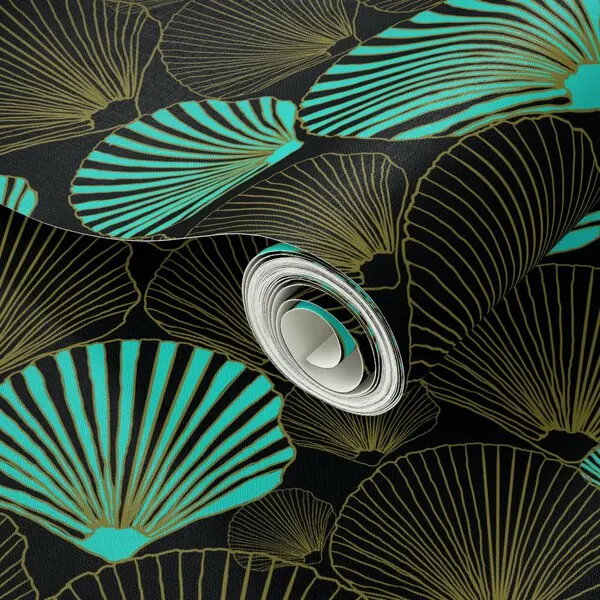 Spoonflower Teal Sea Shells Black Aqua Beach Tropical Midnight Custom Pre-pasted Wallpaper - Green,black