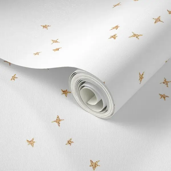 Spoonflower White Gold Scattered Stars Festive Custom Pre-pasted Wallpaper - Gray,brown