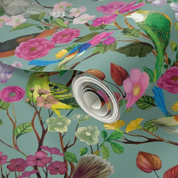 Spoonflower Birds Blooms Chinoiserie Duck Egg Bird Floral Pink Custom Removable Wallpaper - Green,pink,gray