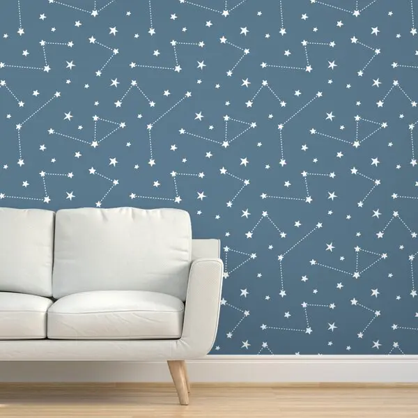 Spoonflower Stars Constellations Custom Pre-pasted Wallpaper - Blue