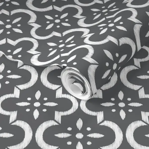 Spoonflower Charcoal Ikat Moroccan Flowers Dark Gray Geometric Traditional Wallpaper - Gray,white