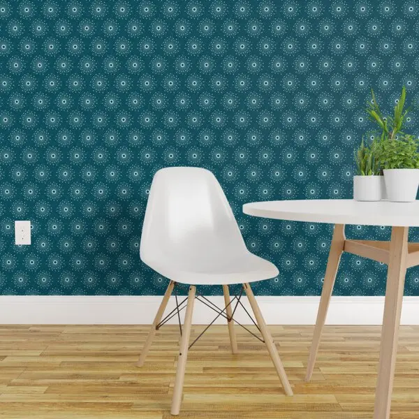 Spoonflower Mid Century Starburst Floral Blue Teal Custom Pre-pasted Wallpaper - Blue,orange