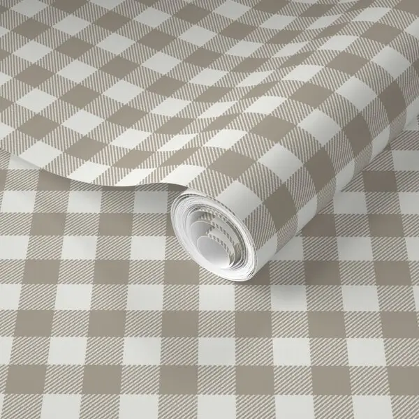 Spoonflower Plaid Brown Gingham Baby Check Taupe Neutral Custom Pre-pasted Wallpaper - Gray,white