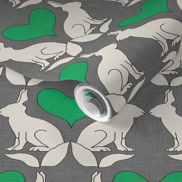 Spoonflower Rabbit Heart Green Geometric Animals Custom Pre-pasted Wallpaper - Green,gray,mint