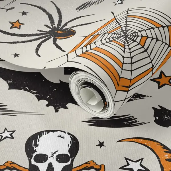Spoonflower Black Vintage Retro Autumn Bats Skull Skeleton Custom Pre-pasted Wallpaper - Gray,orange,brown
