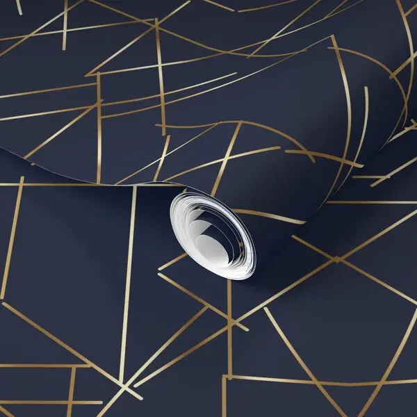 Spoonflower Angles Blue And Gold Navy Triangles Lines Custom Pre-pasted Wallpaper - Black,white,gray