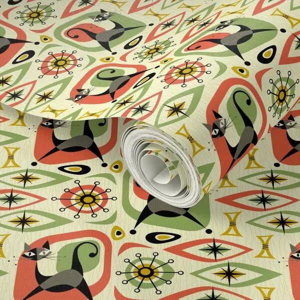 Spoonflower Green Retro Abstract Cat 1950s Cats Tiki Custom Pre-pasted Wallpaper - Beige,brown,red