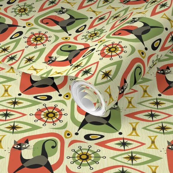 Spoonflower Green Retro Abstract Cat 1950s Cats Tiki Custom Pre-pasted Wallpaper - Beige,brown,red