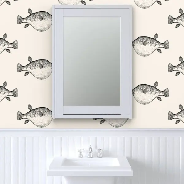 Spoonflower Blowfish Puffer Fish Masculine Nautical Beach Custom Removable Wallpaper