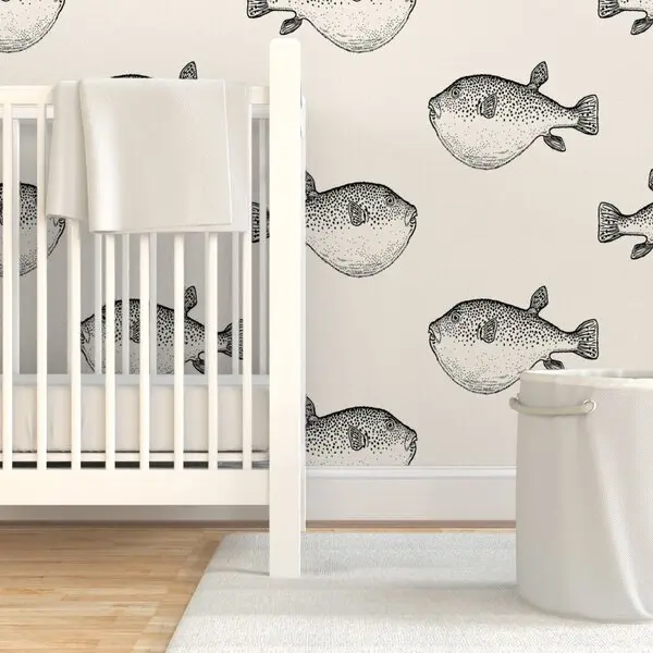 Spoonflower Blowfish Puffer Fish Masculine Nautical Beach Custom Removable Wallpaper