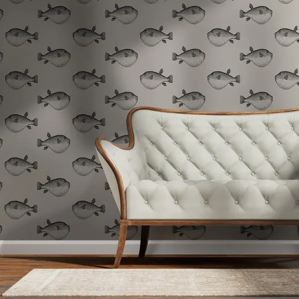 Spoonflower Blowfish Puffer Fish Masculine Nautical Beach Custom Removable Wallpaper - Black