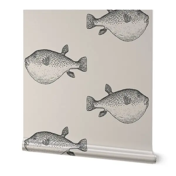 Spoonflower Blowfish Puffer Fish Masculine Nautical Beach Custom Removable Wallpaper - Black