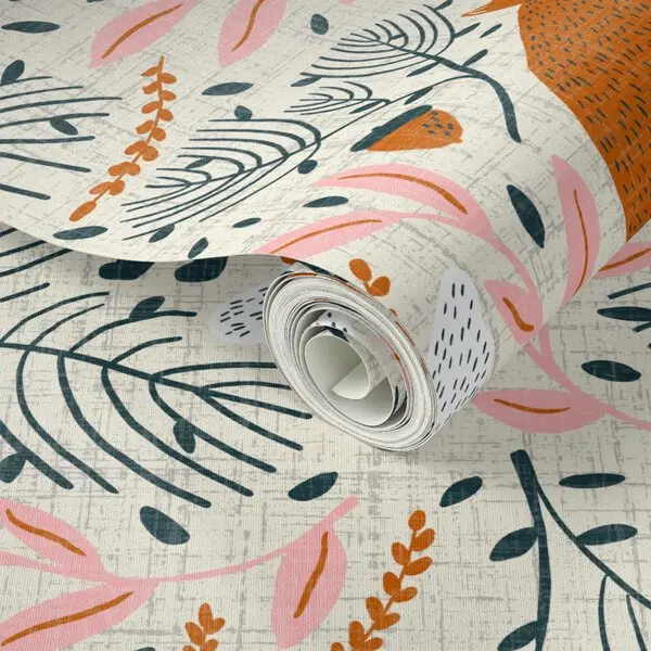 Spoonflower Cream Pink Orange Woodland Navy Fall Custom Pre-pasted Wallpaper - Pink,beige,gray