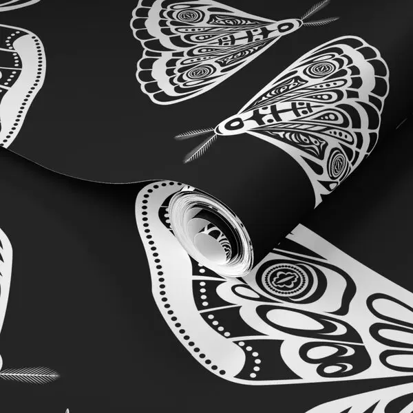 Spoonflower Butterfly Nature Animal Symbol Magic Insect Moth Custom Pre-pasted Wallpaper - Black,white,gray