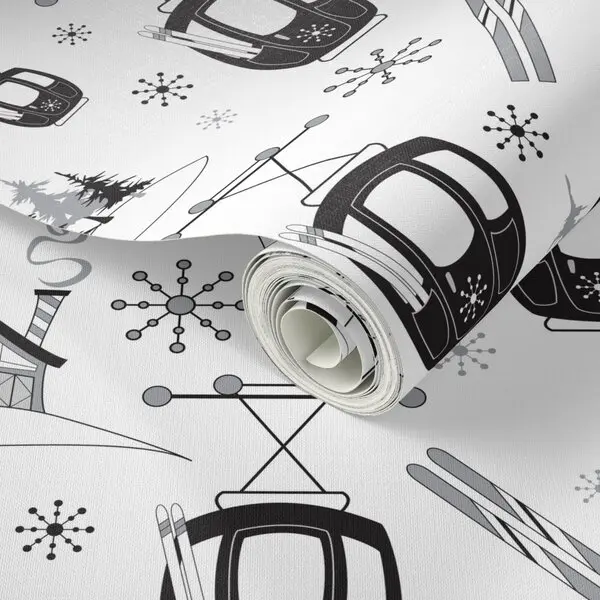 Spoonflower Vintage Ski Gondolas Monochrome Retro Winter Custom Pre-pasted Wallpaper - Gray