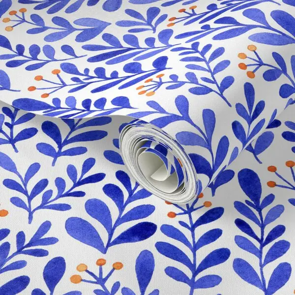 Spoonflower White Blue Flowers Leaves Floral Nature Orange Traditional Wallpaper - Blue,purple