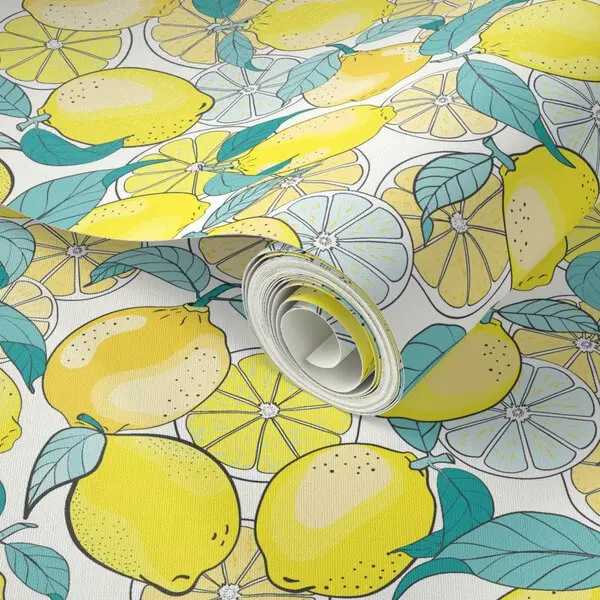 Spoonflower Lemons Teal Yellow Citrus Hand Drawn Fruits Custom Pre-pasted Wallpaper - Yellow,blue,mint